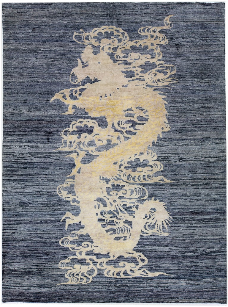 Gray Modern Wool and Silk Rug With Dragon Design For Sale at 1stDibs