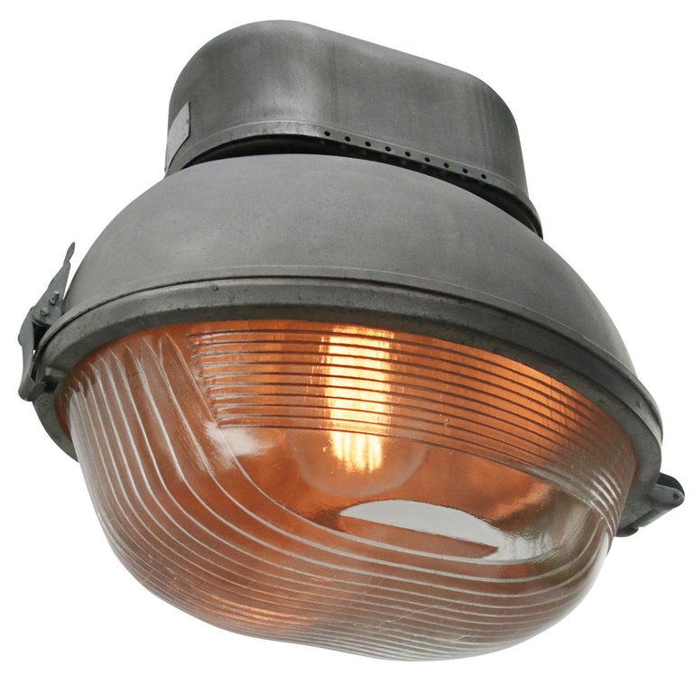 Gray Oval Metal Vintage Industrial Holophane Glass Street Light at 1stDibs
