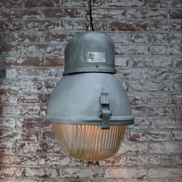 Gray Oval Metal Vintage Industrial Holophane Glass Street Light at 1stDibs