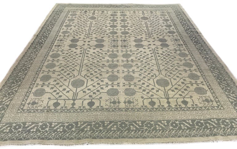 Gray Pomegranate Design Hand Knotted Wool Area Rug For Sale at 1stDibs