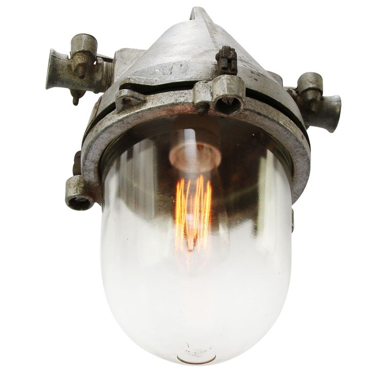 Gray Silver Cast Aluminum Vintage Industrial Clear Glass Hanging ...