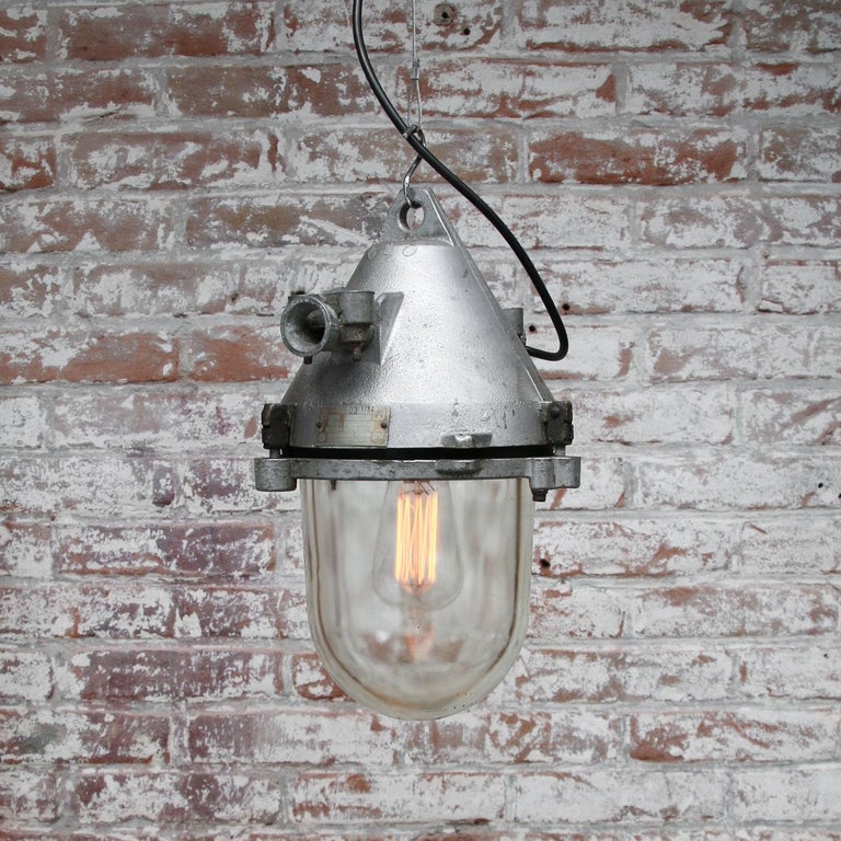 Gray Silver Cast Aluminum Vintage Industrial Clear Glass Hanging ...