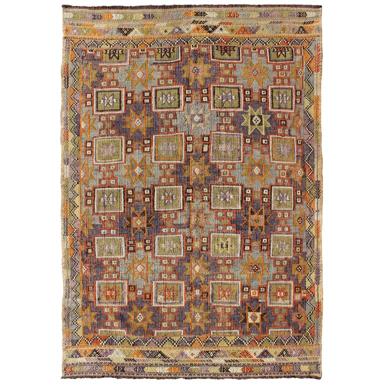 Grayish Blue Background Geometric Turkish Oushak Midcentury Rug For ...