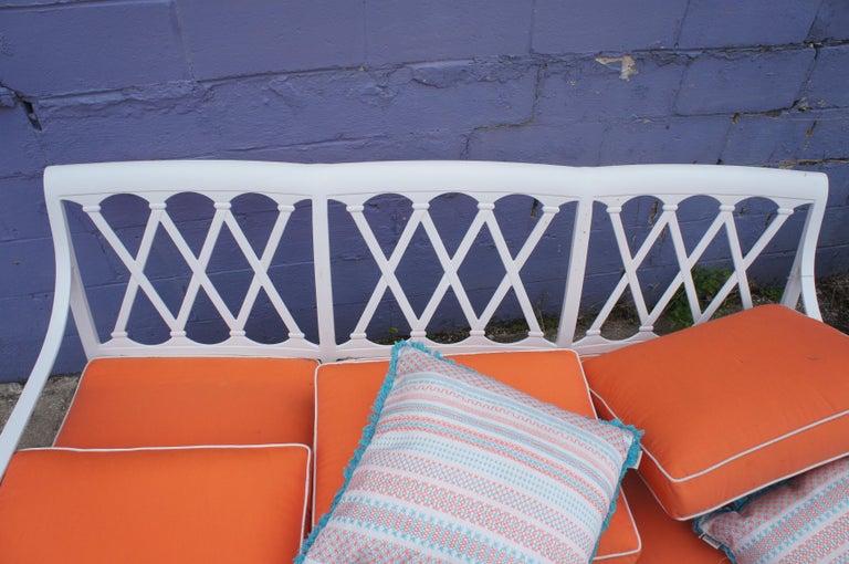 Grayson French Inspired Aluminum Sofa with Orange Cushions and Lattice ...