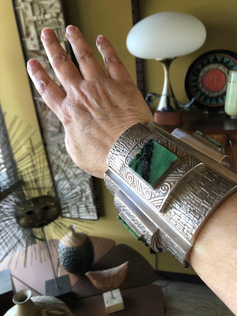 Graziella Laffi Peruvian Modernist Sterling Silver Green Quartz Cuff Bracelet For Sale at 1stDibs