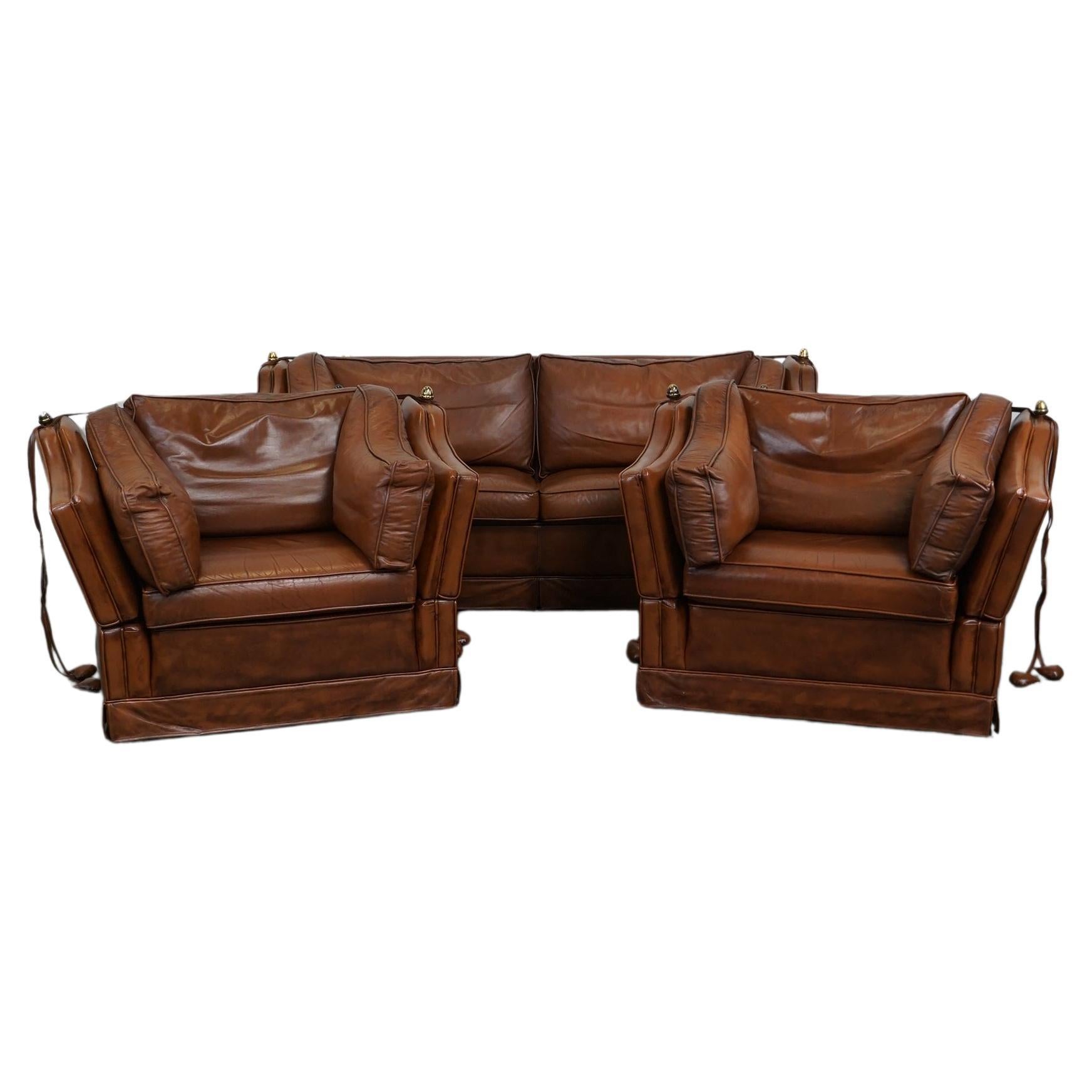 Great complete set of cognac-colored cow leather castle sofa and ...