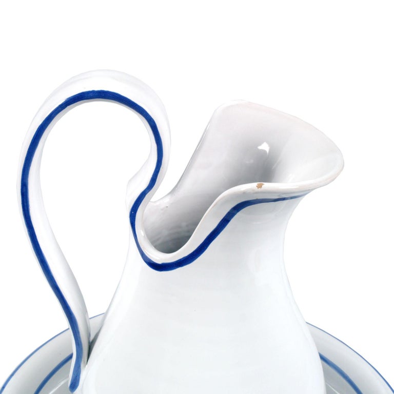 Art Deco Italian Midcentury Ceramic White, with Blue Borders Pitcher ...