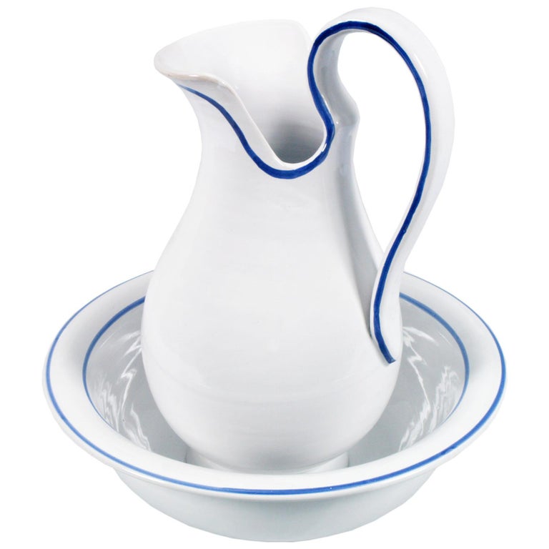 Art Deco Italian Midcentury Ceramic White, with Blue Borders Pitcher ...
