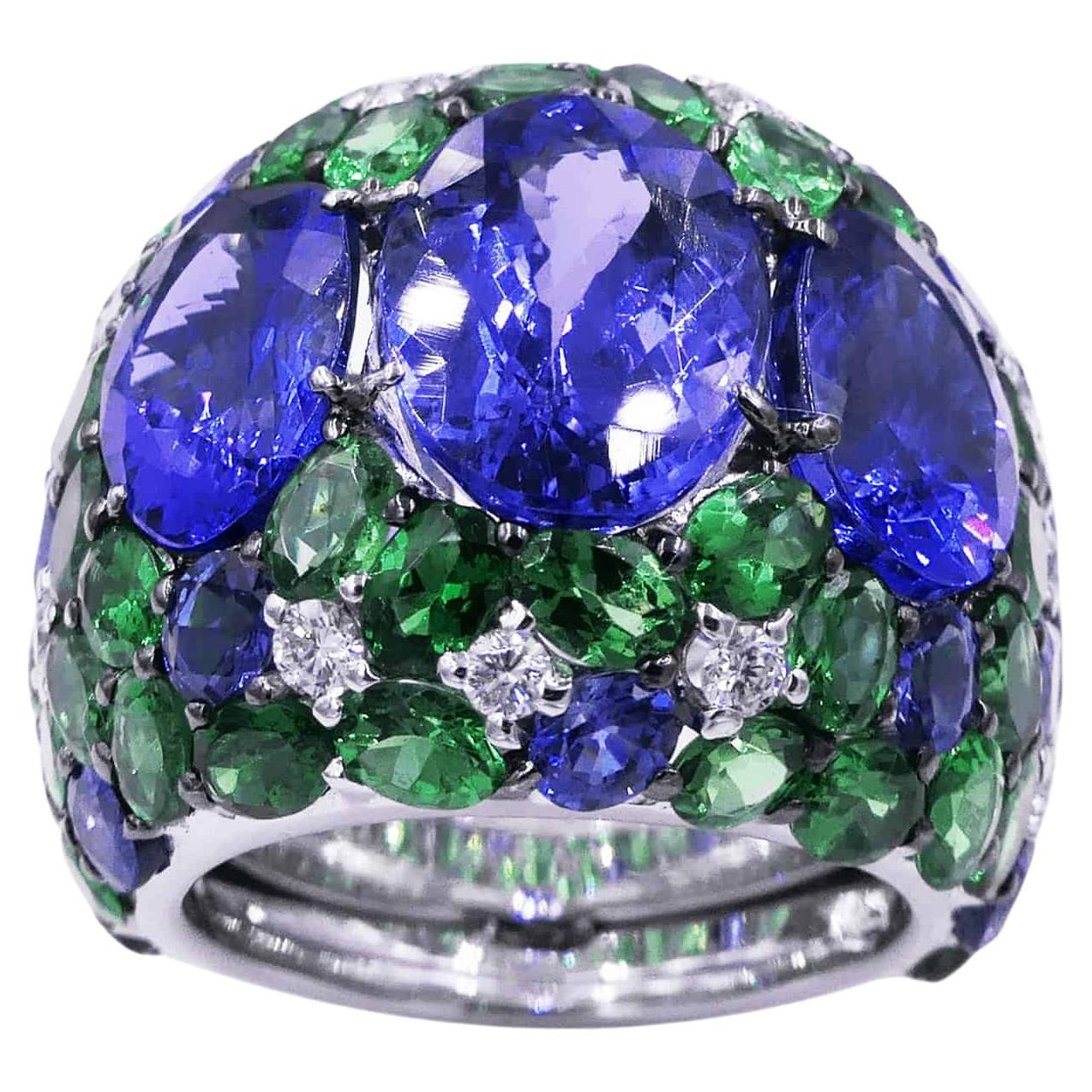 Blue Oval Tanzanite Tsavorite Diamond Pave Sapphire Dome 18K White Gold ...