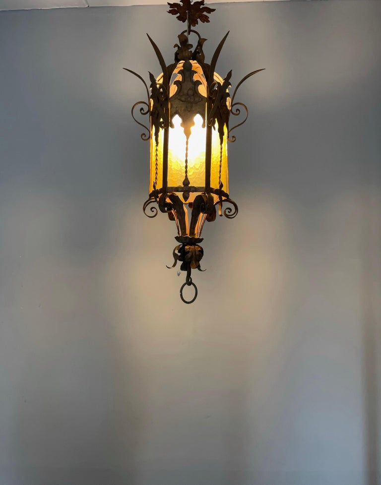 Large Gothic Revival Medieval Style Wrought Iron and Cathedral Glass ...
