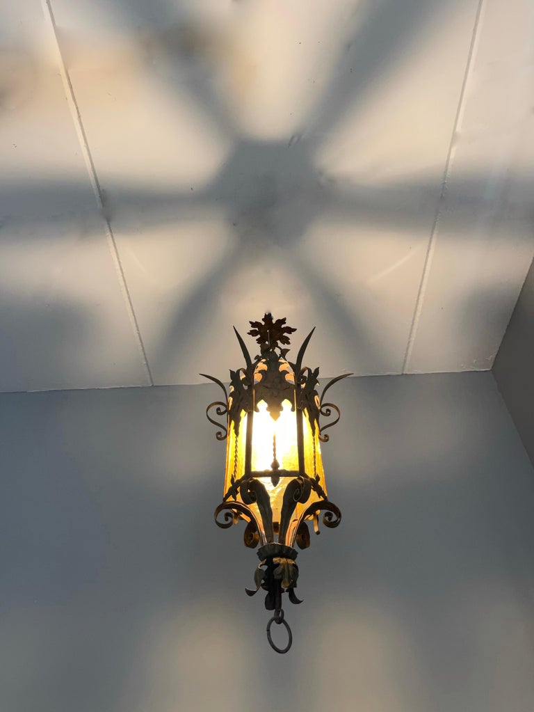 Large Gothic Revival Medieval Style Wrought Iron and Cathedral Glass ...