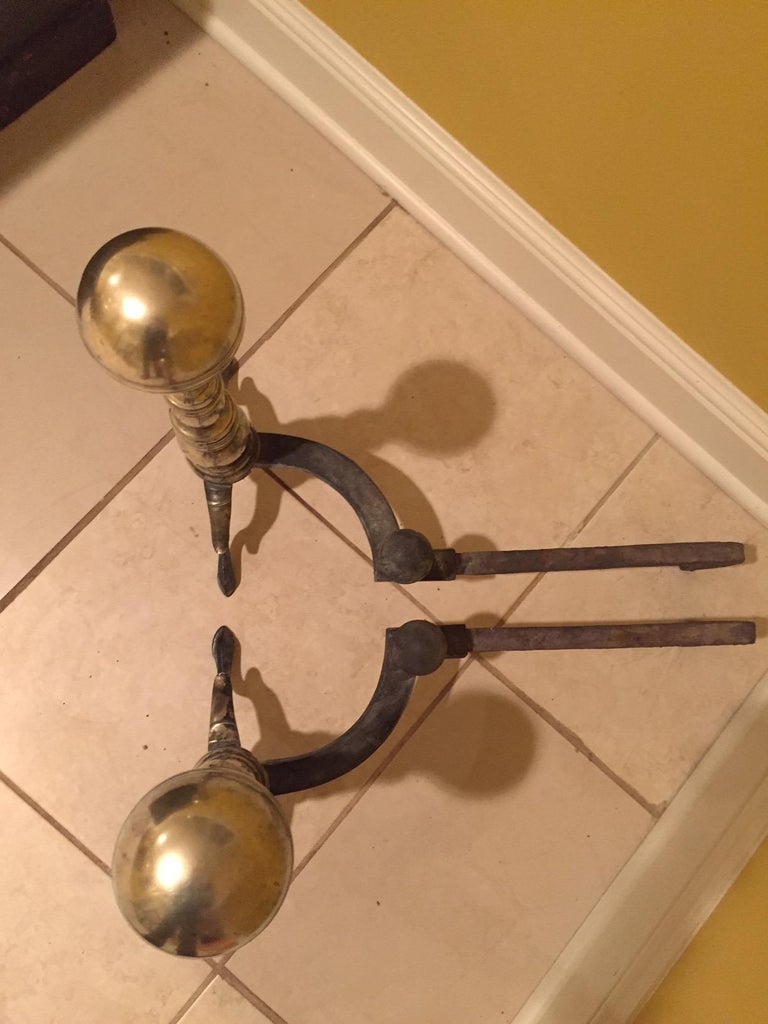 Great Looking Polished Brass Andirons and Tool Set For Sale at 1stDibs