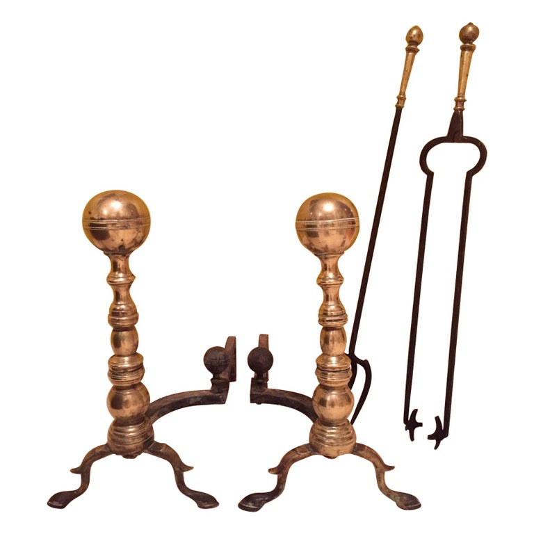 Great Looking Polished Brass Andirons and Tool Set For Sale at 1stDibs
