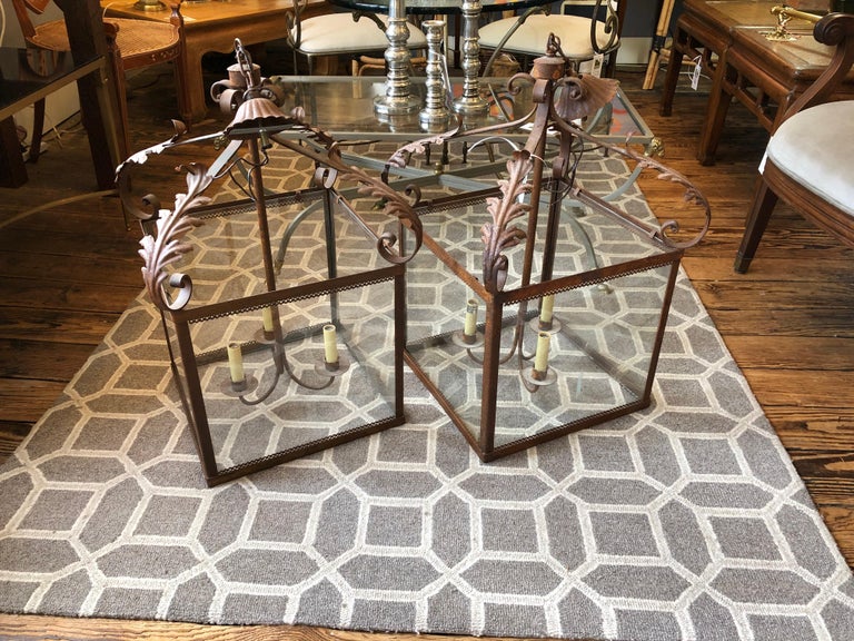 Great Looking Rust Colored Iron and Glass Square Lantern with Acanthus ...