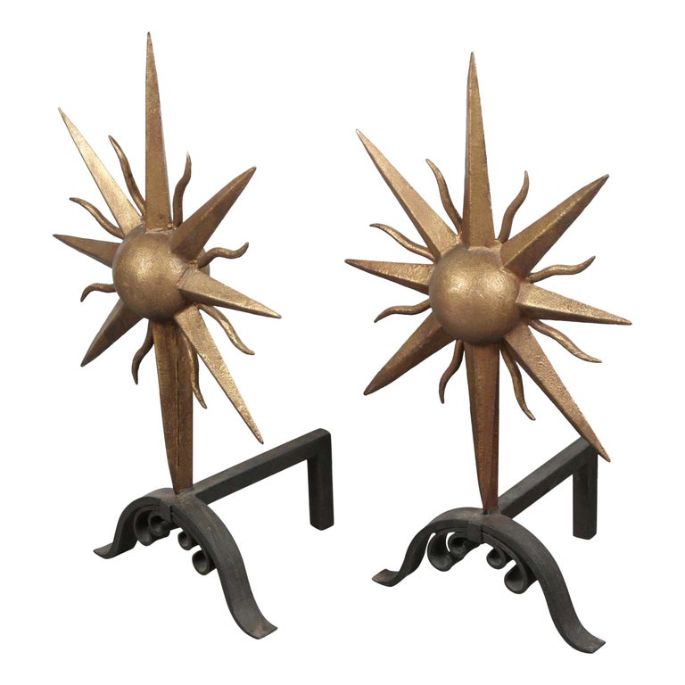 Great Pair of Sunburst Andirons For Sale at 1stDibs