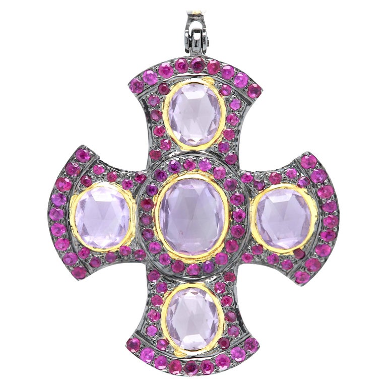 Greek Cross with Black Rhodium Ruby and Amethyst Sterling Silver and 18 ...