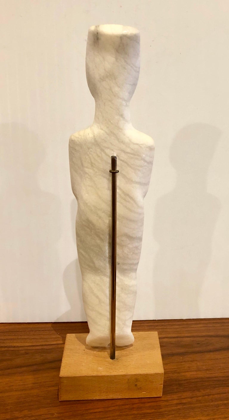 Greek Cycladic Alabaster Idol Sculpture on Birch Wood Base at 1stDibs