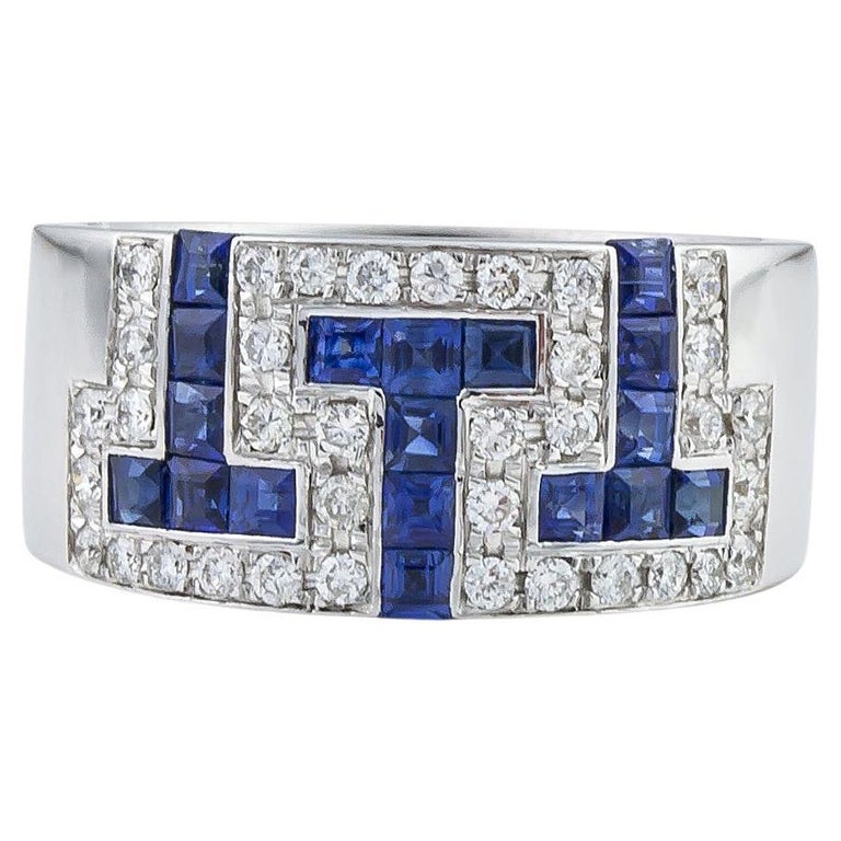 Greek Key Meander Ring in 18Kt White Gold with Square Cut Sapphires and ...