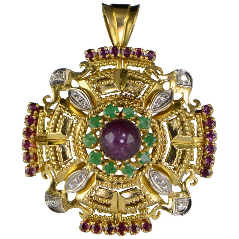 Greek Ruby Emerald Diamond Gold Pendant/Brooch For Sale at 1stDibs