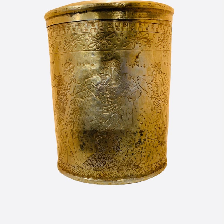 Greek Style Engraved and Chased Gold Tone Metal Large Pyxis For Sale at ...