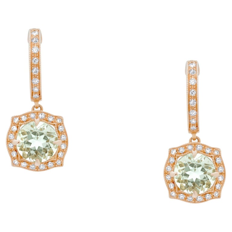 Green Amethyst Prasiolite Diamond Halo Rose Gold Huggie Drop Unique ...