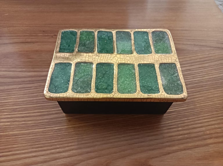 Green and Gold Glazed Ceramic Box by Mithé Espelt, France, 1956 at 1stDibs