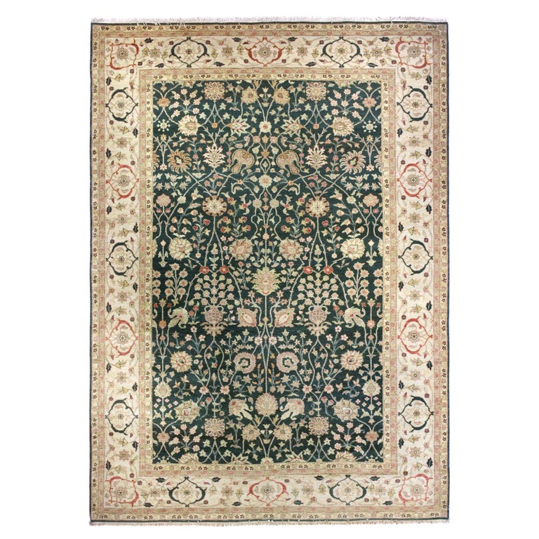 Green and Ivory Traditional Style Wool Area Rug For Sale at 1stDibs
