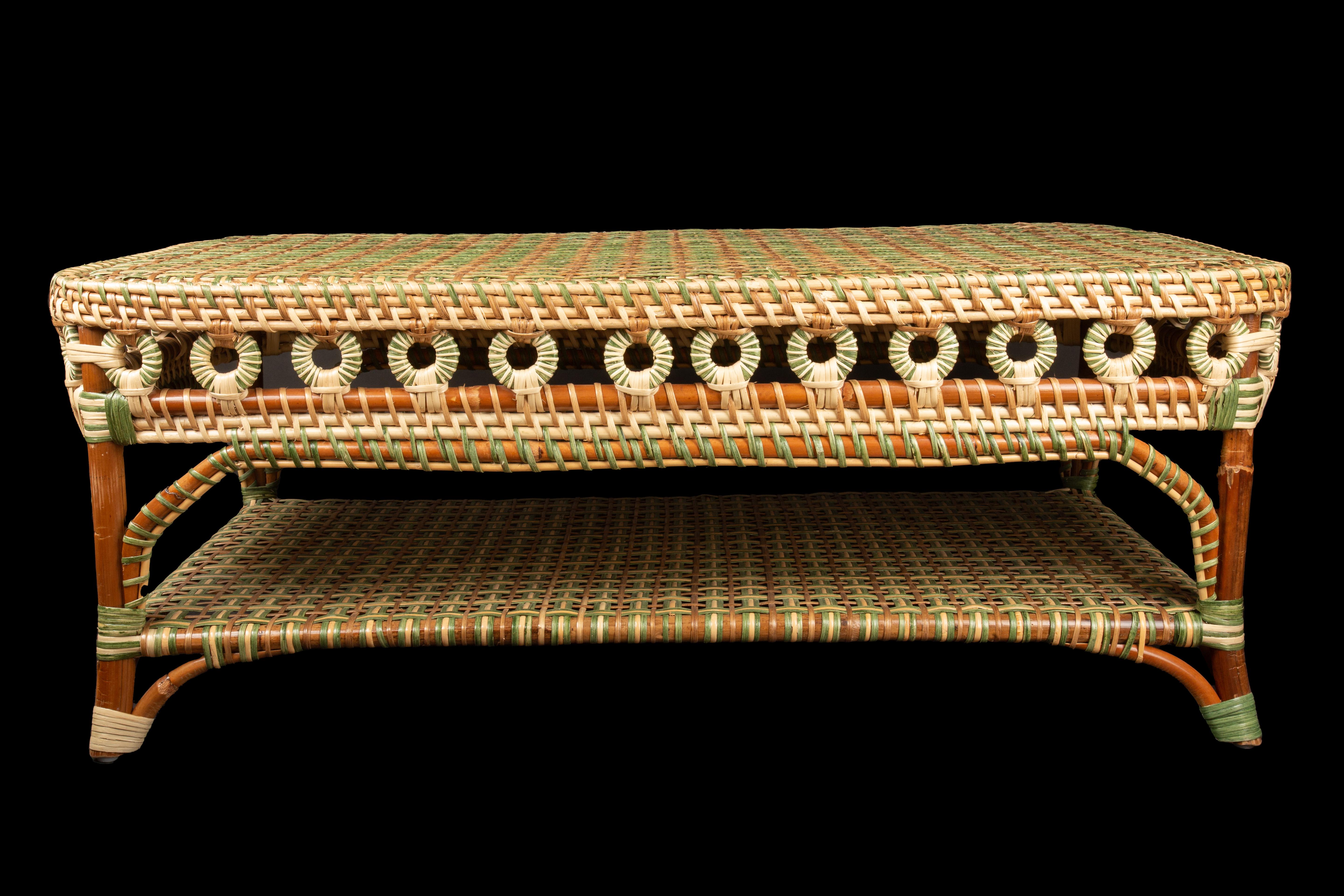 Green and Tan Rattan Rectangular Coffee Table at 1stDibs