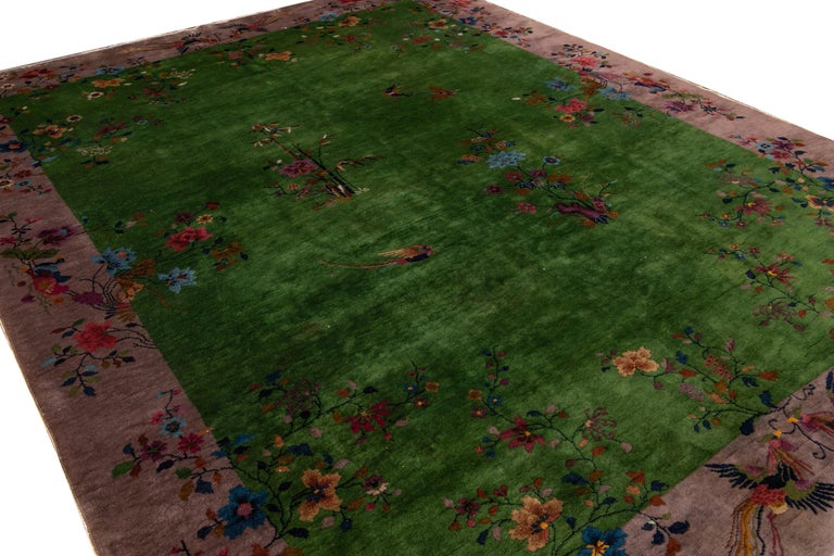 Green Antique Art Deco Chinese Handmade Wool Rug at 1stDibs