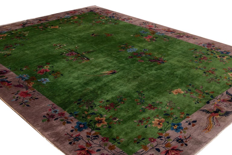Green Antique Art Deco Chinese Handmade Wool Rug at 1stDibs