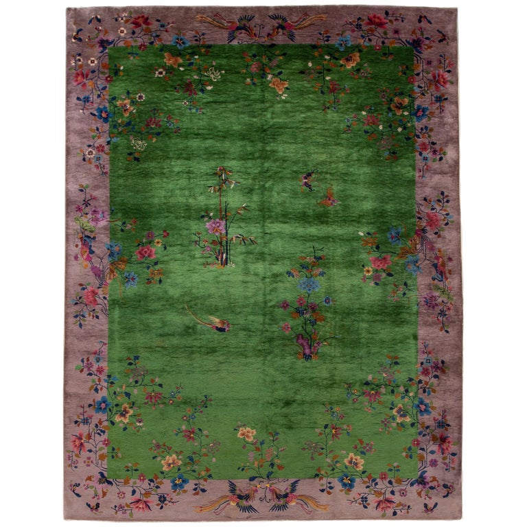 Green Antique Art Deco Chinese Handmade Wool Rug at 1stDibs