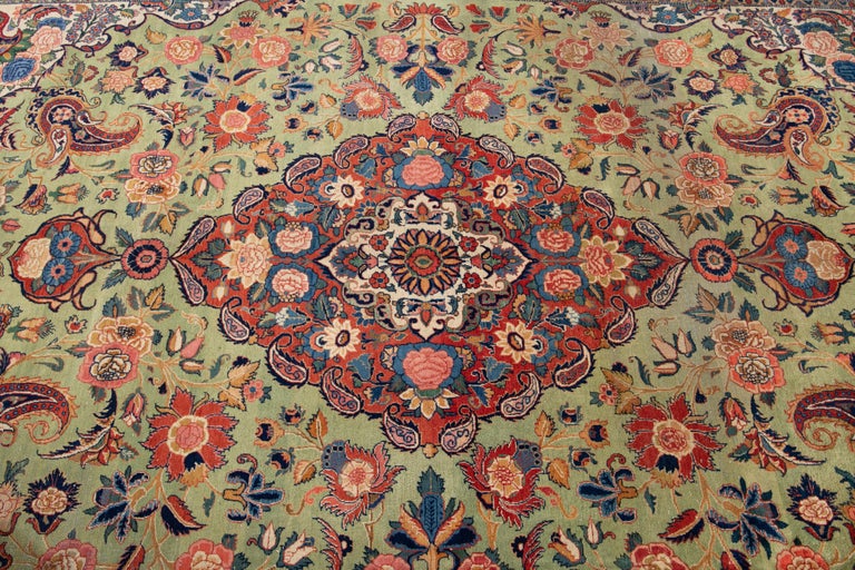 Green Antique Persian Tabriz Handmade Wool Rug For Sale at 1stDibs