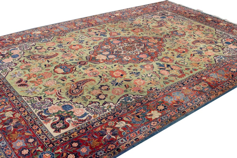 Green Antique Persian Tabriz Handmade Wool Rug For Sale at 1stDibs