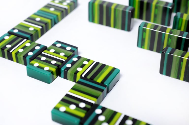 Green Art Glass Domino Barcode Collection with Wood Case For Sale at 1stDibs