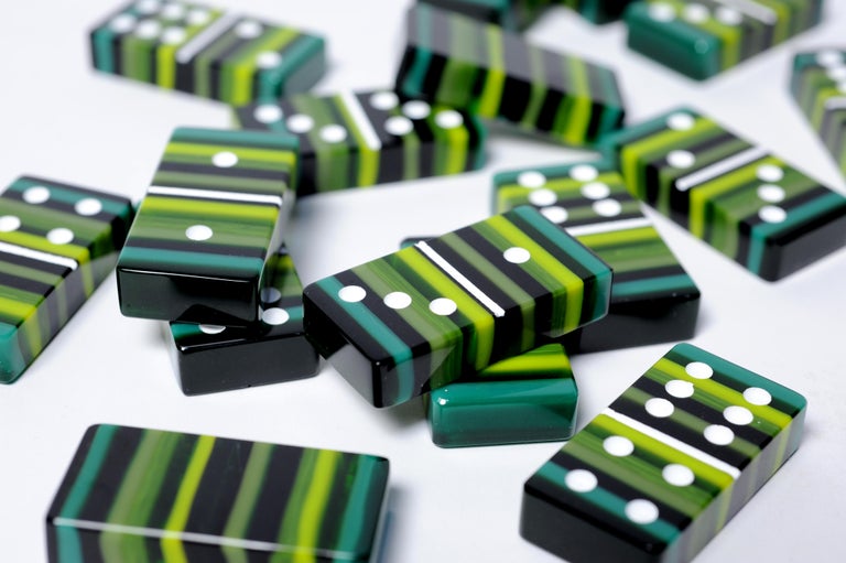 Green Art Glass Domino Barcode Collection with Wood Case For Sale at 1stDibs