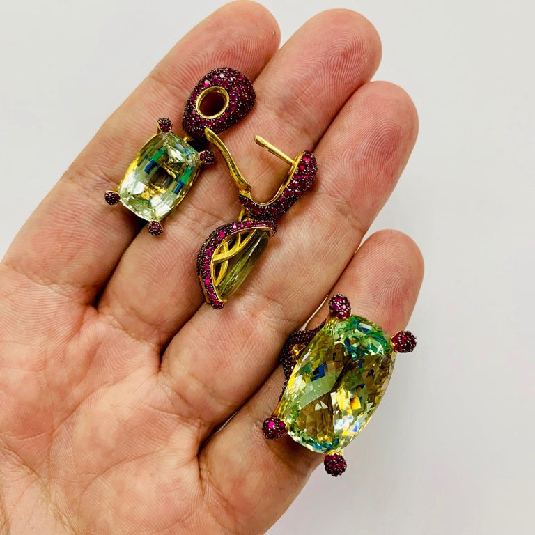 Green Beryl Ruby 18 Karat Yellow Gold Suite at 1stDibs