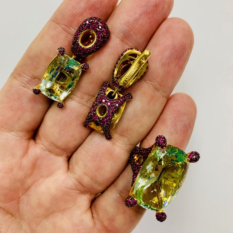 Green Beryl Ruby 18 Karat Yellow Gold Suite at 1stDibs