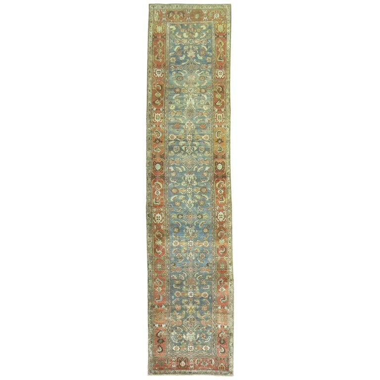Green Blue Antique Persian Runner For Sale at 1stDibs