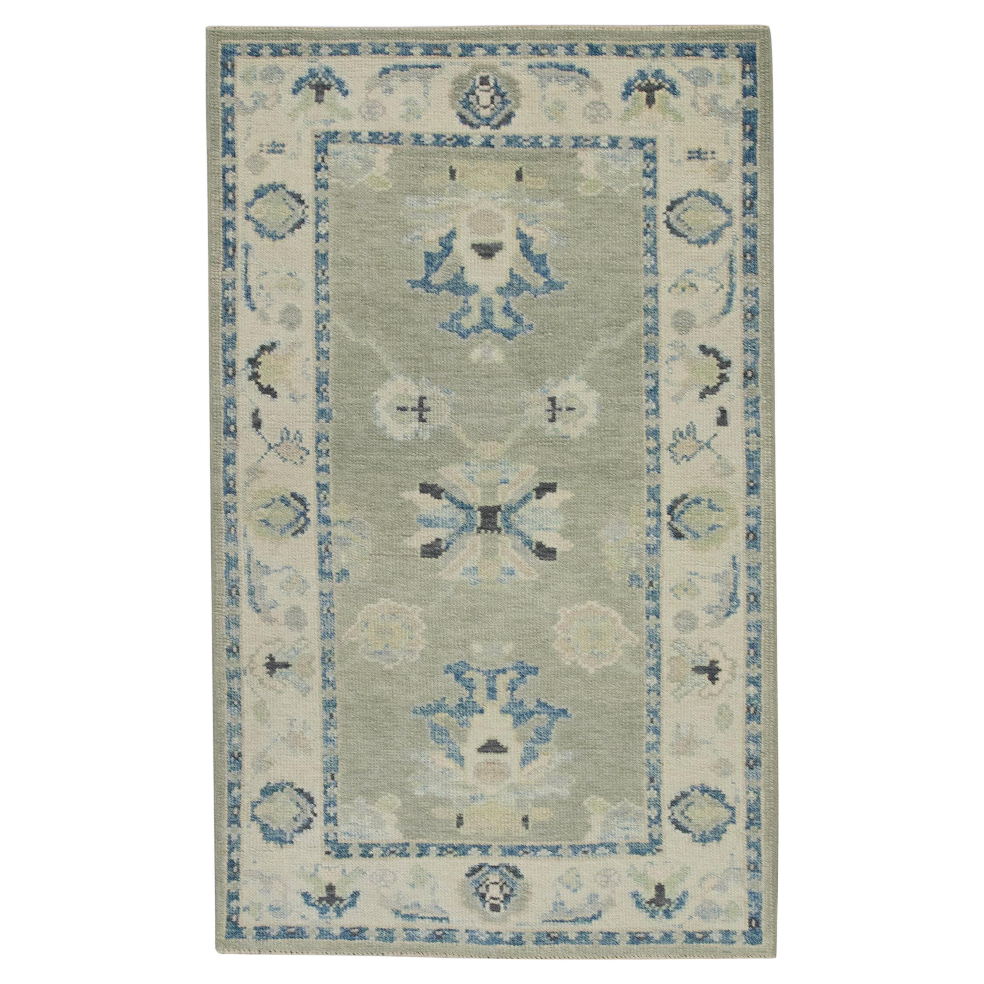 Blue and Green Floral Design Handwoven Wool Turkish Oushak Rug 4'11" x ...