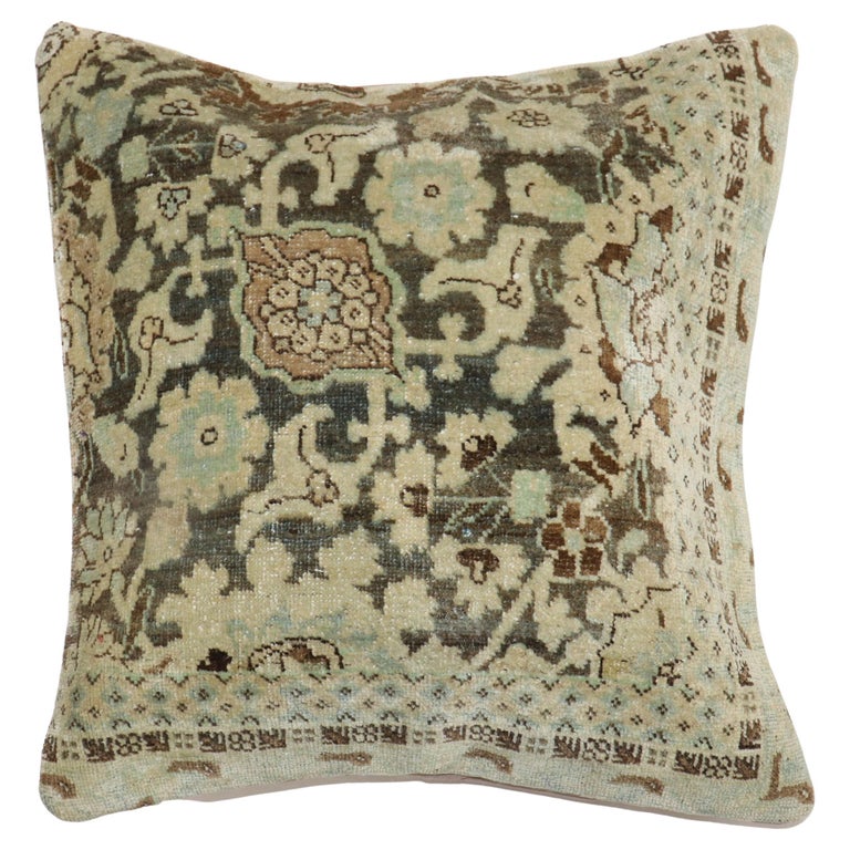 Green Brown Persian Antique Rug Pillow For Sale at 1stDibs