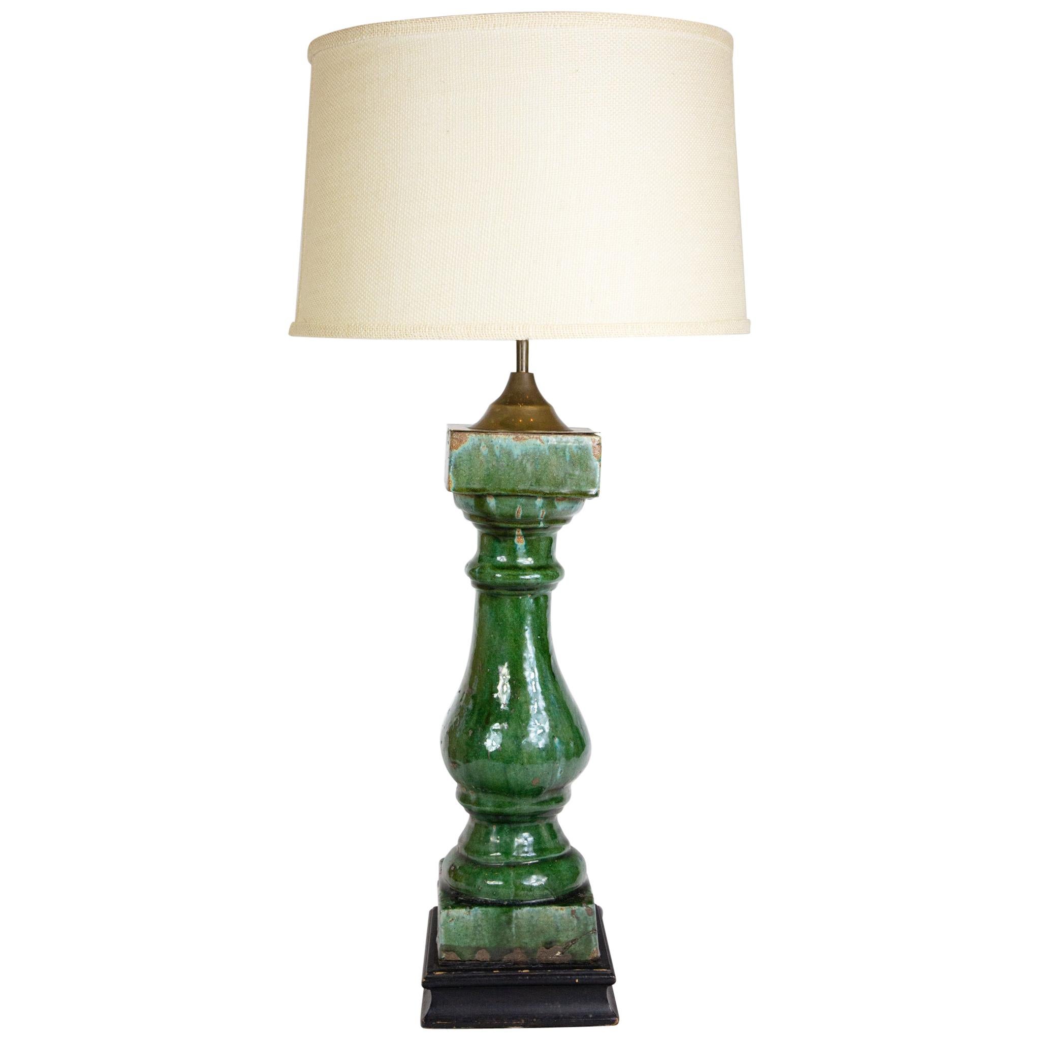 Green Ceramic and Brass Baluster Lamp at 1stDibs