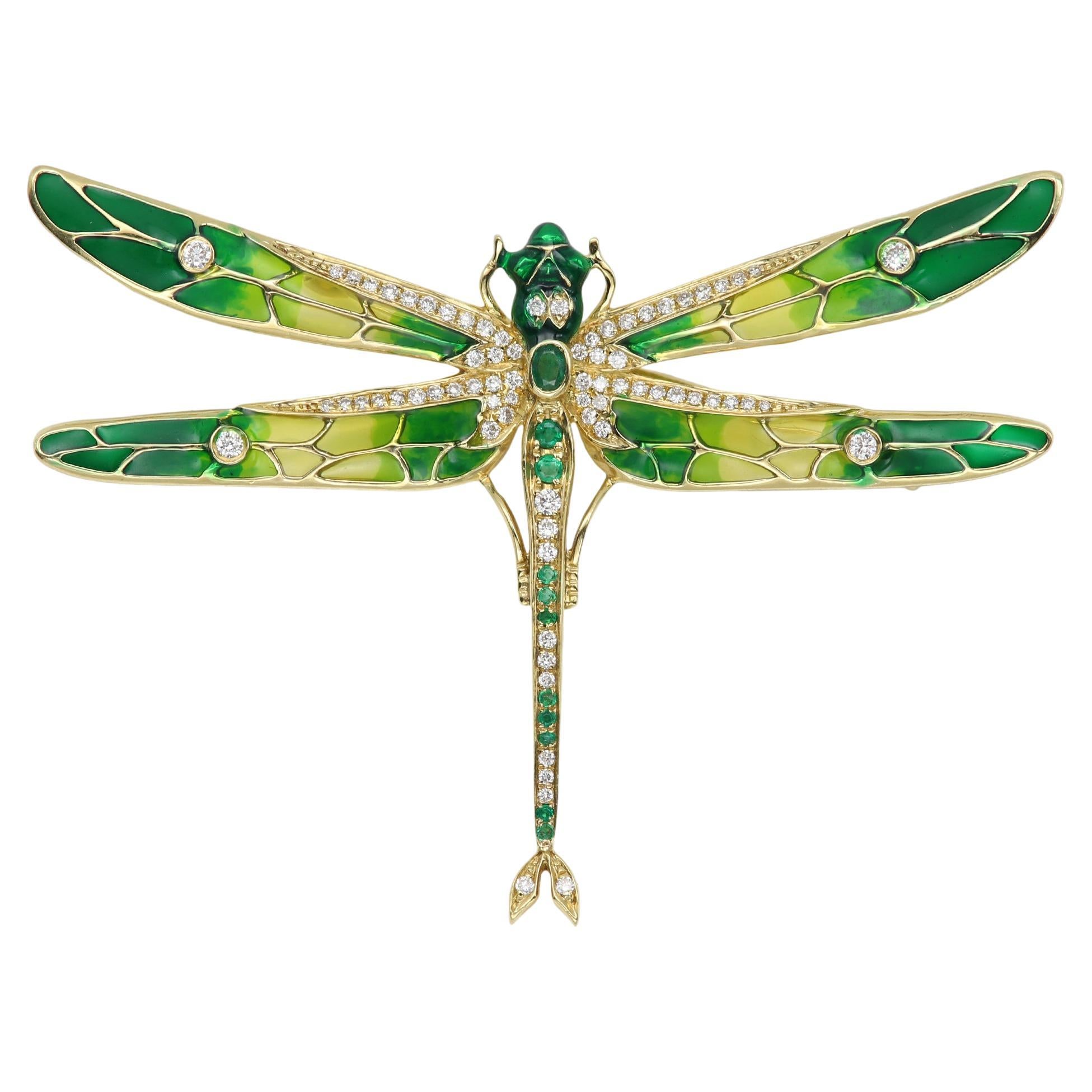 Modern Plique À Jour Enamel, Emerald, Sapphire, Diamond, Ruby Dragonfly ...