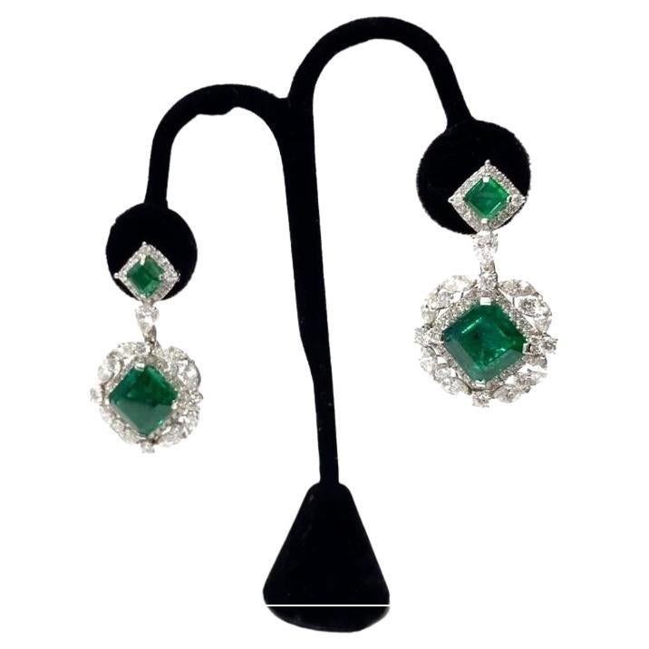 Green Emerald and White Diamond Drop and Dangle Earrings in 18K White ...