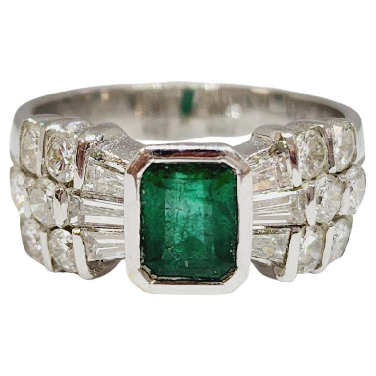 Green Emerald Baguette Round Diamond Ring White Gold 18k For Sale at ...