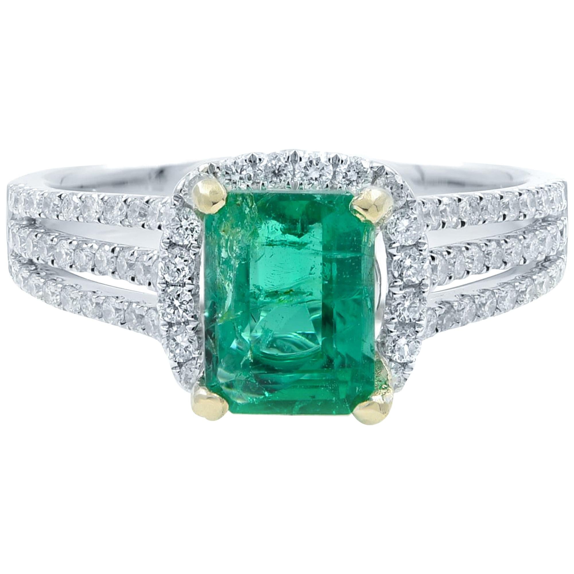 Emerald and Diamond Halo Victorian Engagement Ring at 1stDibs