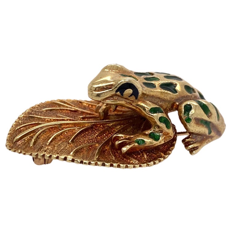Green Enamel 14 Karat Yellow Gold Frog Lily Pad Brooch Pin at 1stDibs