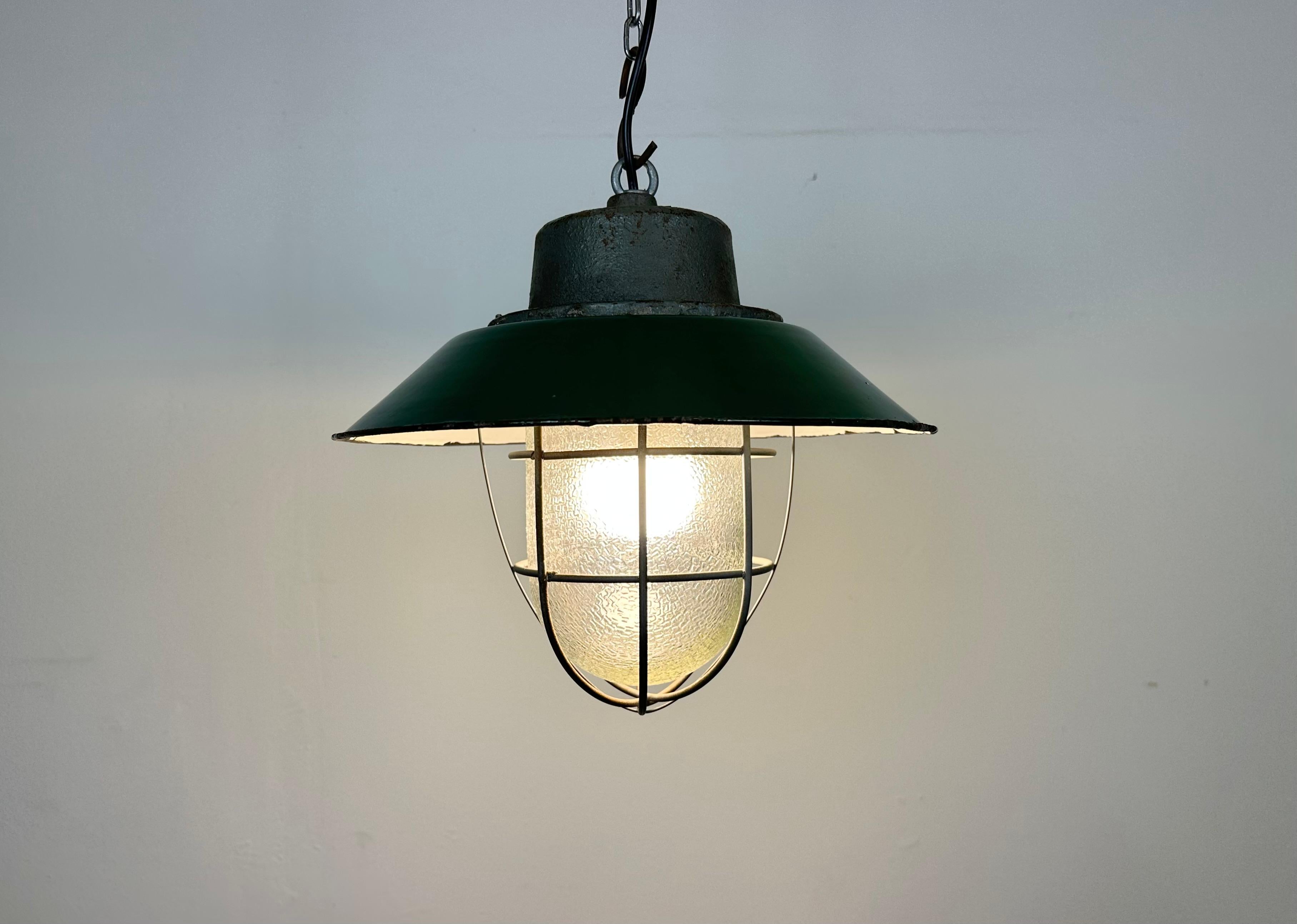 Green Enamel and Cast Iron Industrial Cage Pendant Light, 1960s For ...