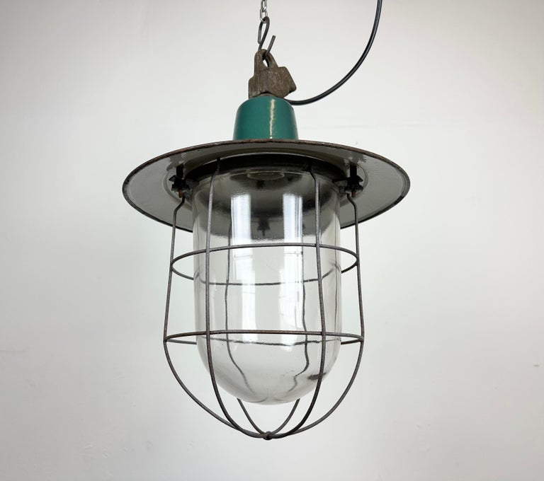 Green Enamel and Cast Iron Industrial Cage Pendant Light, 1960s For Sale at 1stDibs