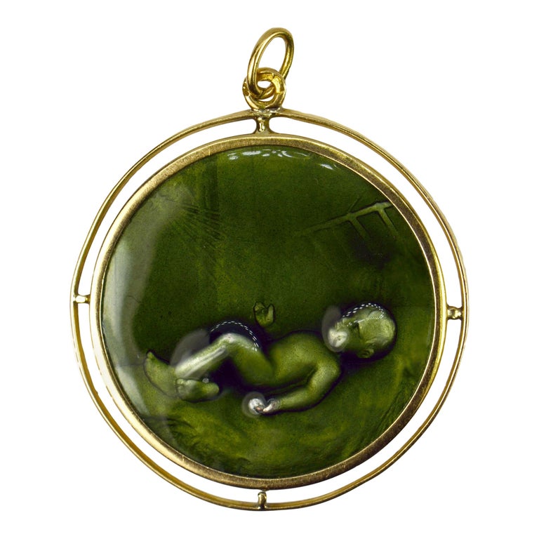 Green Enamel Baby 18k Yellow Gold Charm Pendant For Sale at 1stDibs