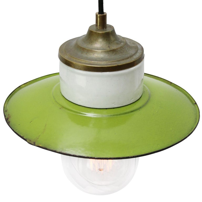 Green Enamel Vintage Industrial Brass Porcelain Clear Glass Pendant